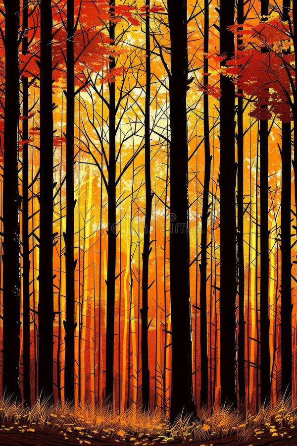 A Minimalist Illustration of Trees in a Forest with a Sunset Background ...
