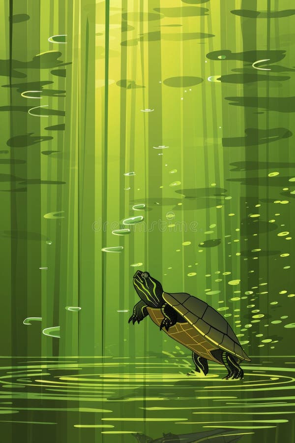 Minimalist Illustration of a Turtle Emerging from the Water, Surrounded ...