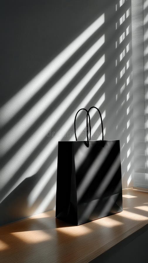Minimalist Image of a Black Paper Shopping Bag Casting Shadows from ...