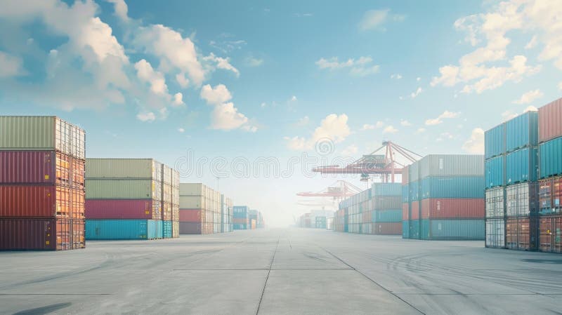 A Minimalist Image of a Bustling Port Terminal with Containers Stacked ...