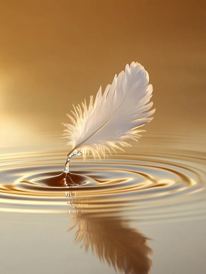 White Feather Lightly Touching Golden Water with Soft Ripples Stock ...
