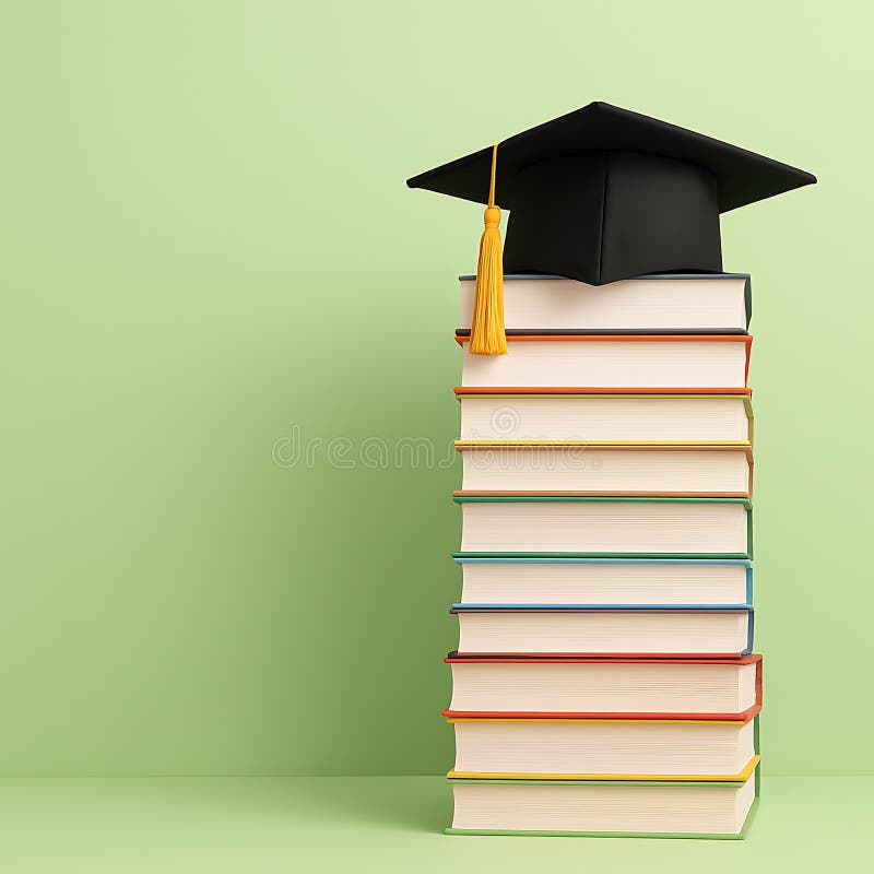 Tower of Colorful Hardcover Books Topped with Graduation Cap on Mint ...