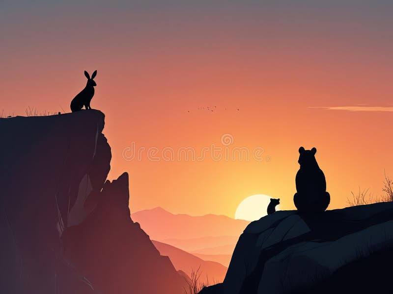 Minimalist Image of a Hare and a Bear Sitting on a Clifftop Watching ...