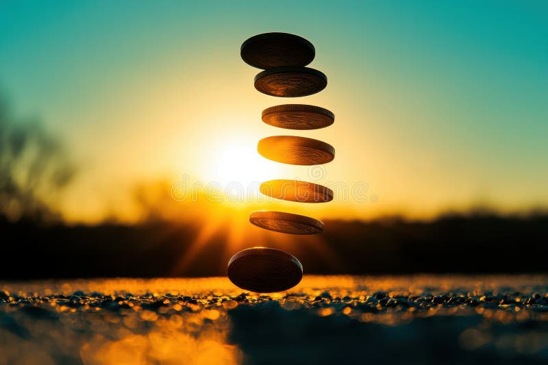 Minimalist Image of Levitating Coins in Intricate Stack Against Sunset ...