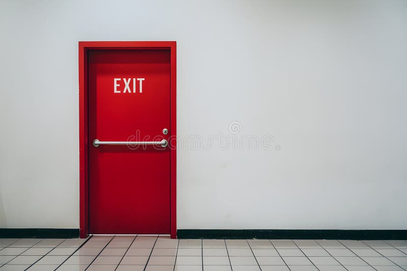 Minimalist Image of Red Door Labeled EXIT, White Wall, Tiled Floor ...