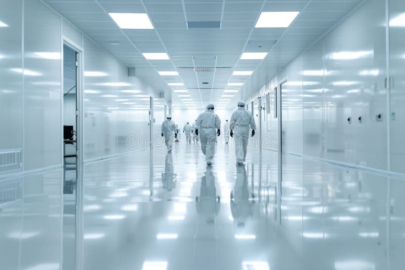 Minimalist Image of Scientists Walking in Cleanroom Corridor with ...