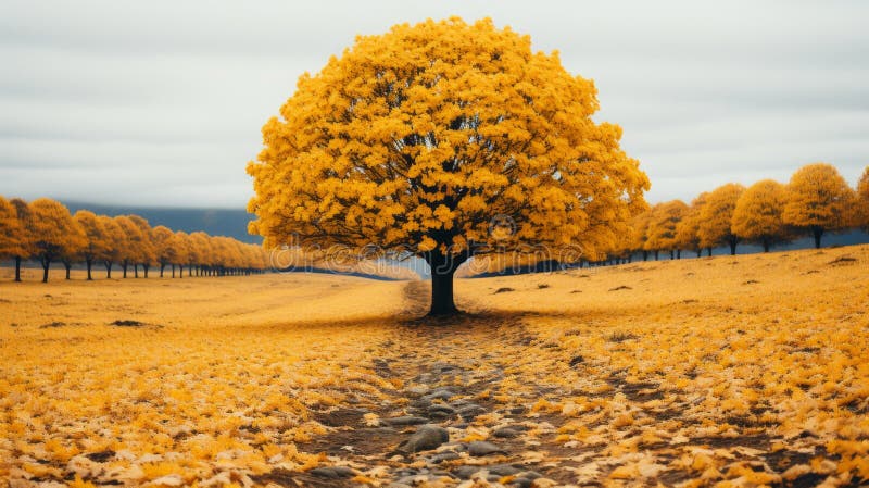 A Minimalist Image of a Single Yellow Maple Tree on a Pale Grey ...