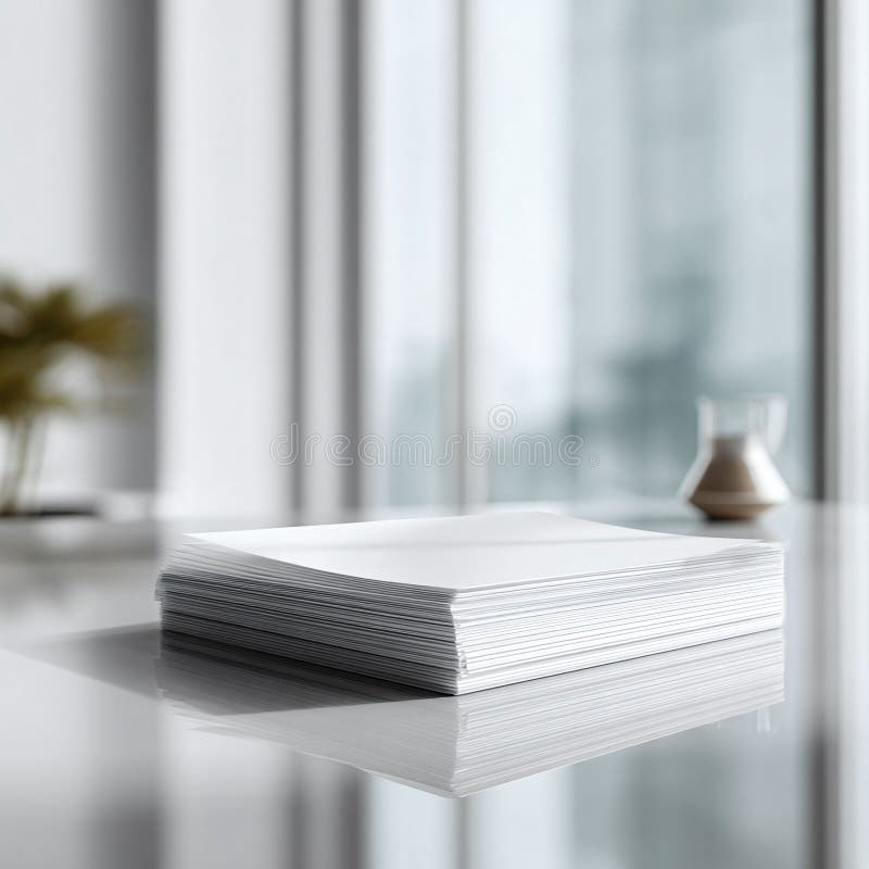 Minimalist Image of a Stack of Blank, White Paper on a Reflective ...