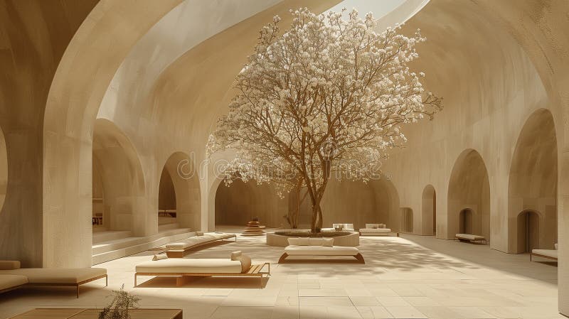 Minimalist Indoor Courtyard with Central Blooming Tree Stock ...