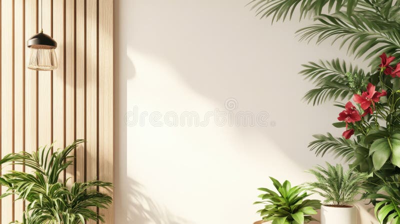 Minimalist Indoor Space with Natural Elements: Lamp, Wooden Wall ...