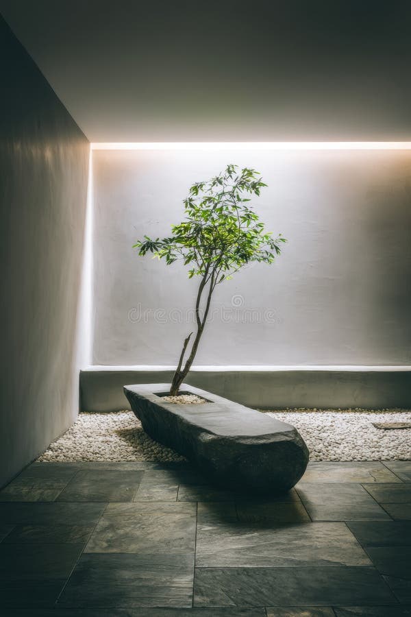 Minimalist Indoor Space with Single Tree Growing from Stone Bench ...
