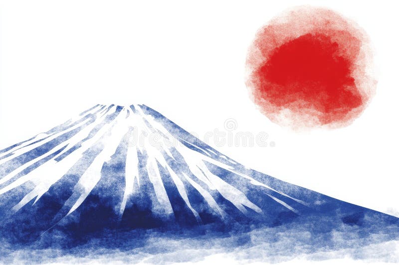 Minimalist Ink Painting of Mount Fuji with Red Sun Stock Photo - Image ...
