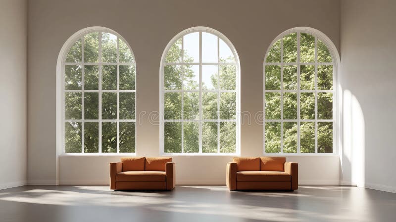 Minimalist Interior: Arch Windows & Modern Sofas, Bright Space Stock ...