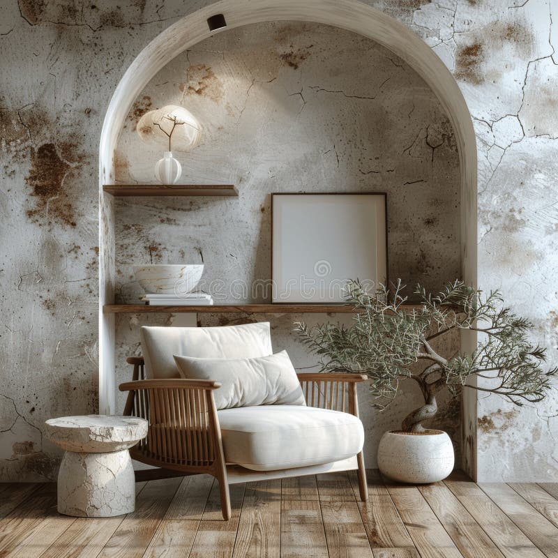 Minimalist Interior with Armchair and Rustic Decor Featuring White ...