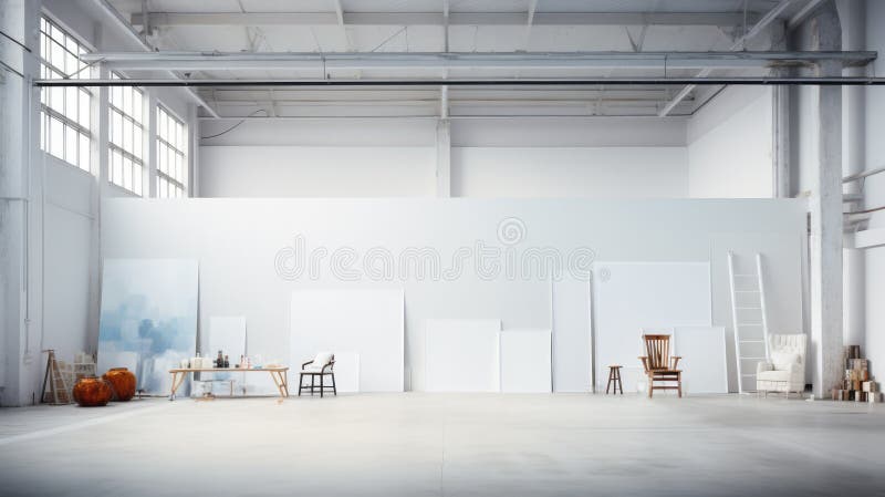 Minimalist Interior of Art Studio Wide Angle View Stock Illustration ...