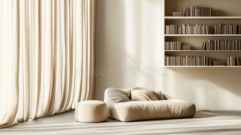 Minimalist Interior with Beige Couch & Bookshelf in Sunlight Stock ...