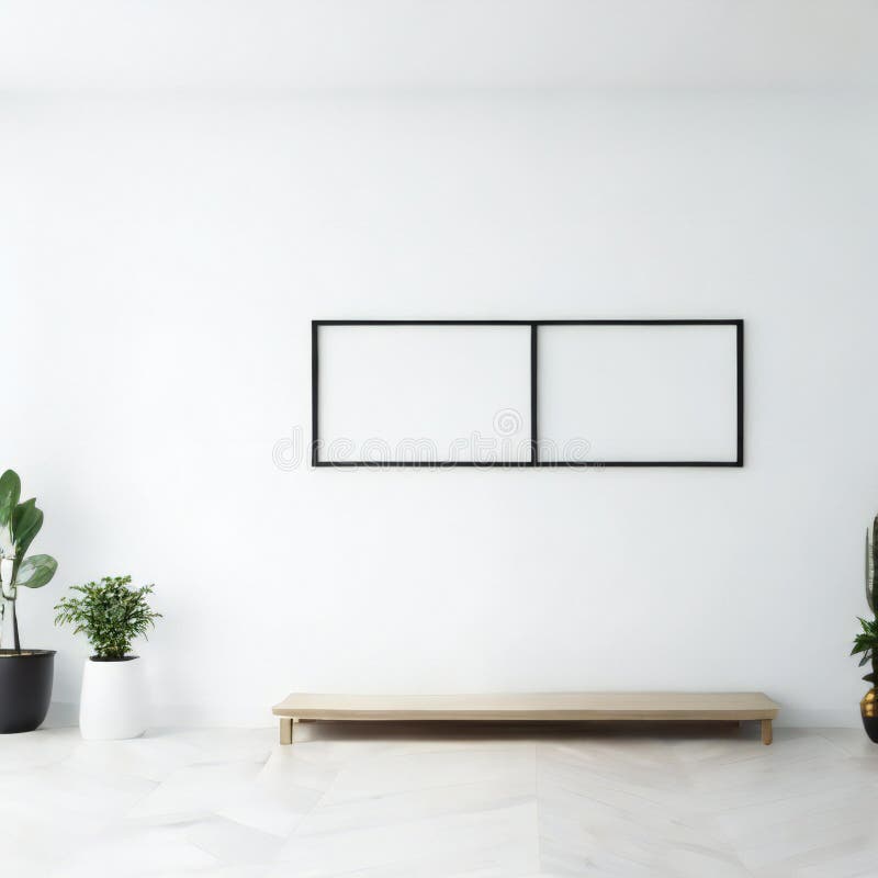 Minimalist Interior with Bench, Plant, and Empty Frames on a White Wall Stock Illustration ...