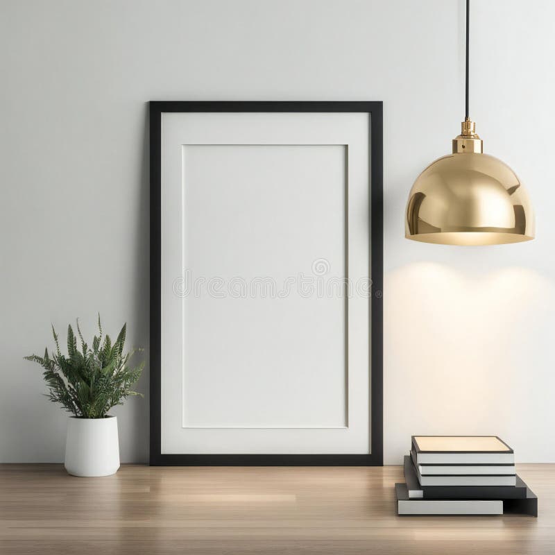 Minimalist Interior with Blank Frame, Books, Plant, and Pendant Light ...