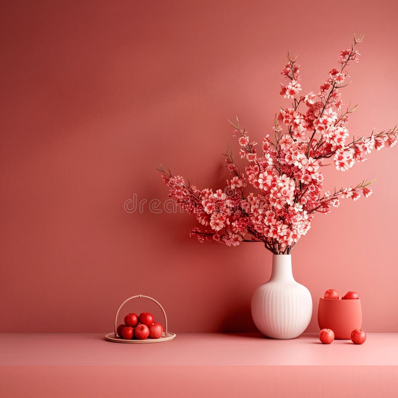Minimalist Interior with Cherry Blossoms in White Vase and Red Decor ...