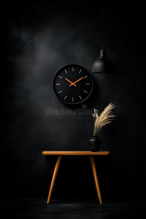 Minimalist Interior Design with Black Clock and Wooden Table Stock ...