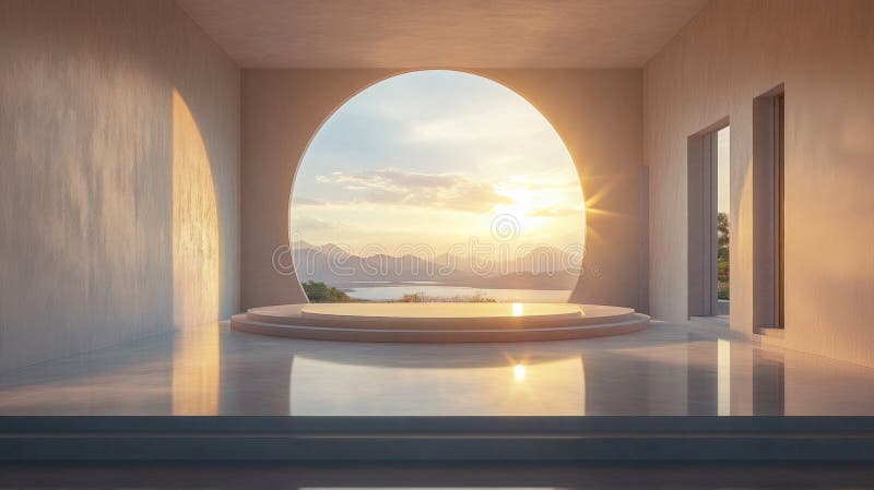 Minimalist Interior Design with Circular Arch and Sunset View Stock ...