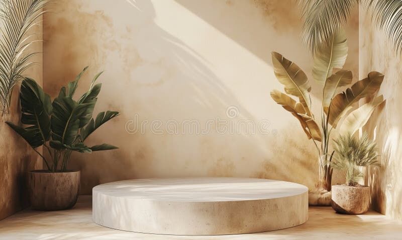 Minimalist Interior Design with Circular Podium and Tropical Plants in ...