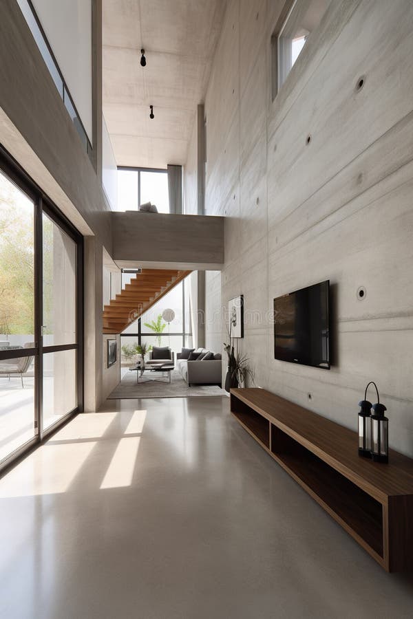 Minimalist Interior Design with Concrete Walls and Floor, and with ...