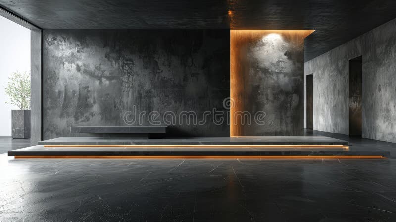 Minimalist Interior Design with Concrete Walls, Wooden Platform, and ...