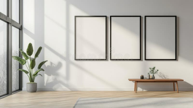 Minimalist Interior Design Featuring Empty Frames Greenery Sunlit Space ...