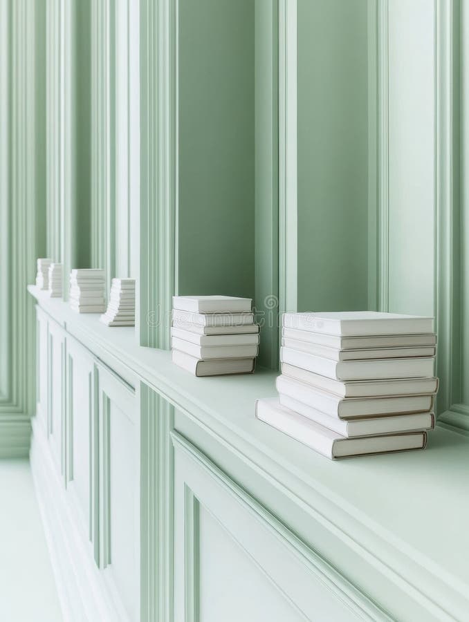 Minimalist Interior Design Featuring Long White Shelf and Stacked Books Stock Illustration ...