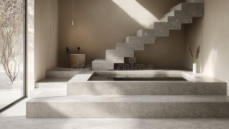 Minimalist Interior Design Featuring Stone Steps and Water Feature ...