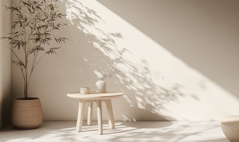 Minimalist Interior Design Featuring Wooden Table, Decorative Vase, and ...