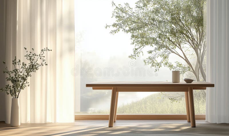 Minimalist Interior Design Featuring Wooden Table, Natural Light, and ...