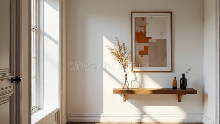 Minimalist Interior Design with Floating Shelf and Modern Art in Sunlit ...