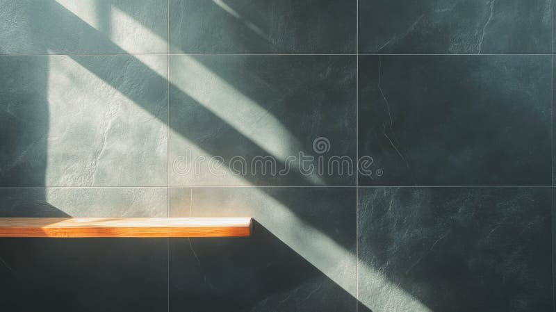 Minimalist Interior Design with Grey Tile Texture and Wooden Shelf ...