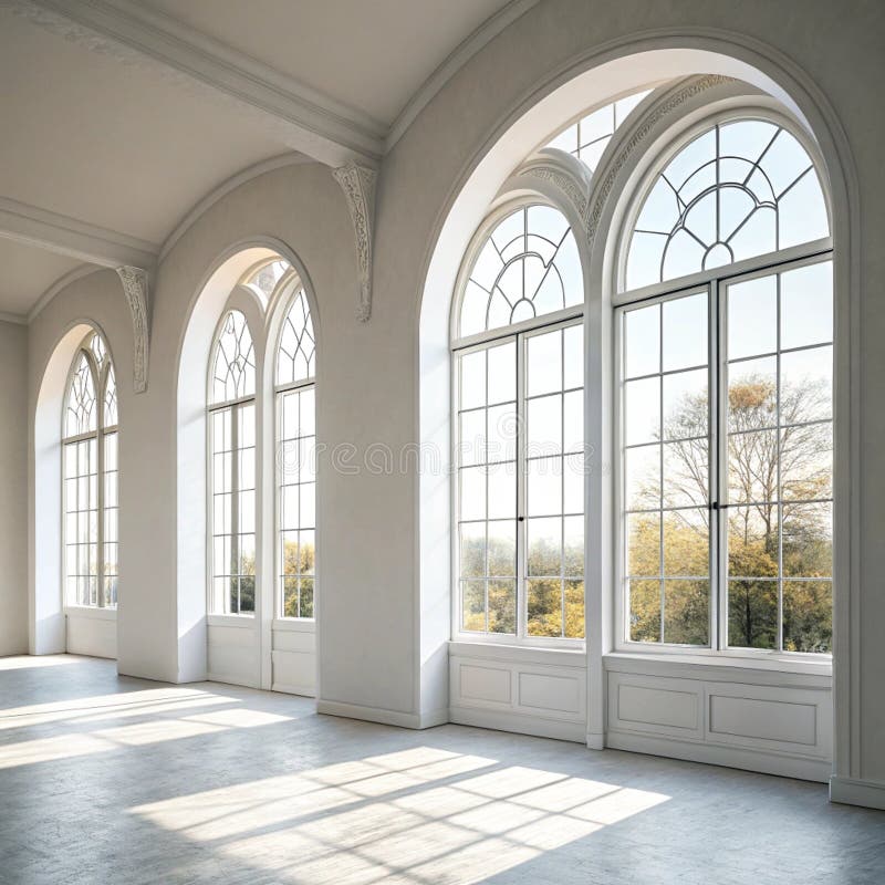 Minimalist Interior Design with Large Arch Windows Stock Illustration ...
