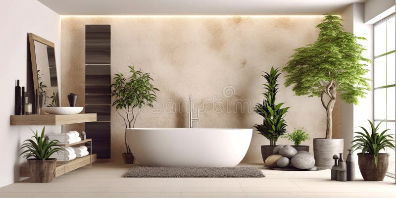 Minimalist Interior Design of Modern Bathroom with White Bath Tub and ...