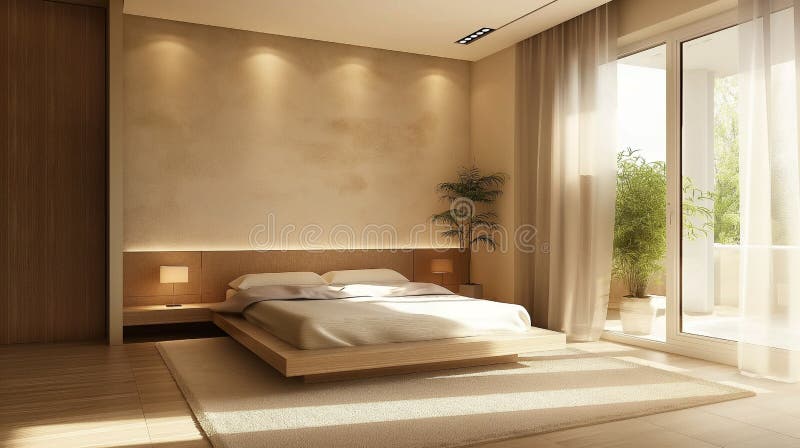 Minimalist Interior Design of Modern Bedroom with Beige Stucco Wall ...