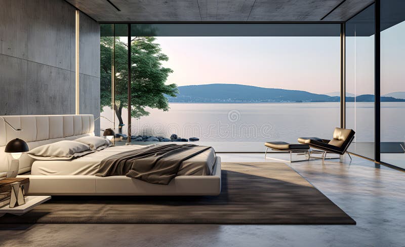 Minimalist Interior Design of a Modern Bedroom with Large Panoramic ...
