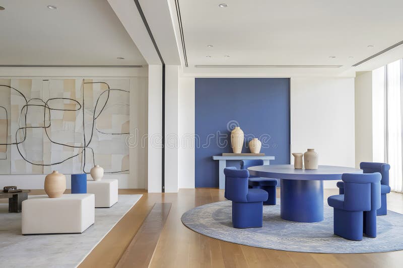 Minimalist Interior Design of Modern Living Room. Dining Room with Blue ...