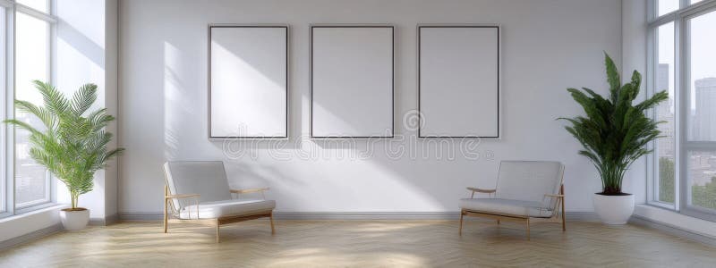 Minimalist Interior Design Showcasing a Bright Space with Empty Frames ...