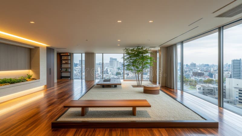 Minimalist Interior Design Showcasing Tree Panoramic View Stock Photos ...