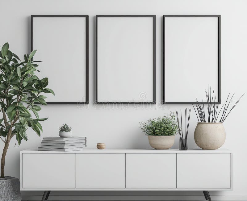 Minimalist Interior Design with Three White Picture Frames on a Sleek ...