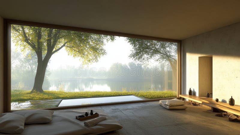 Minimalist Interior Design with a View of a Lake and Trees Stock ...