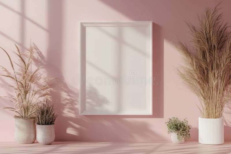 Minimalist Interior Design with White Frame Mockup, Plants, Pink Wall ...
