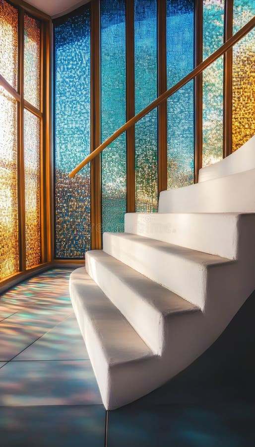 Minimalist Interior Design White Staircase with Stained Glass and Light ...