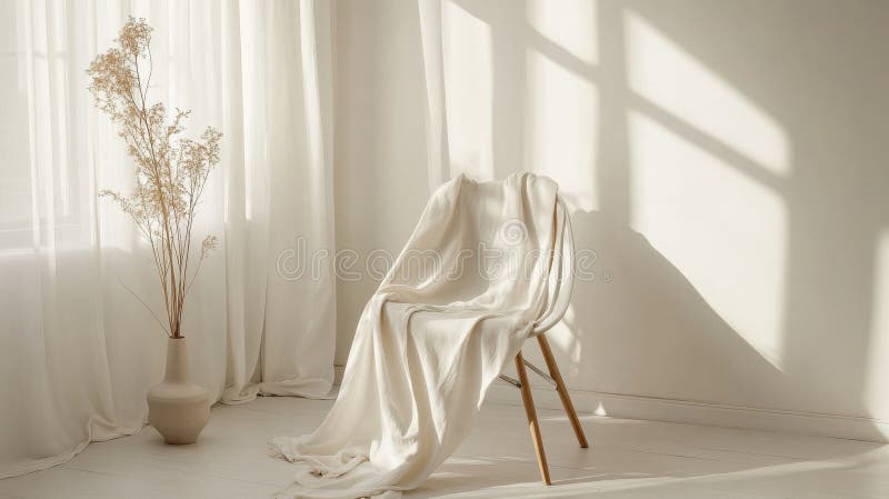 Minimalist Interior Featuring a Chair Draped with Soft Fabric Stock ...