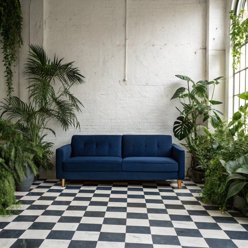 Minimal Style Interior with Blue Couch on Checkerboard Floor Stock ...