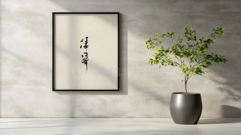 Minimalist Interior with a Framed Japanese Calligraphy Artwork and a ...