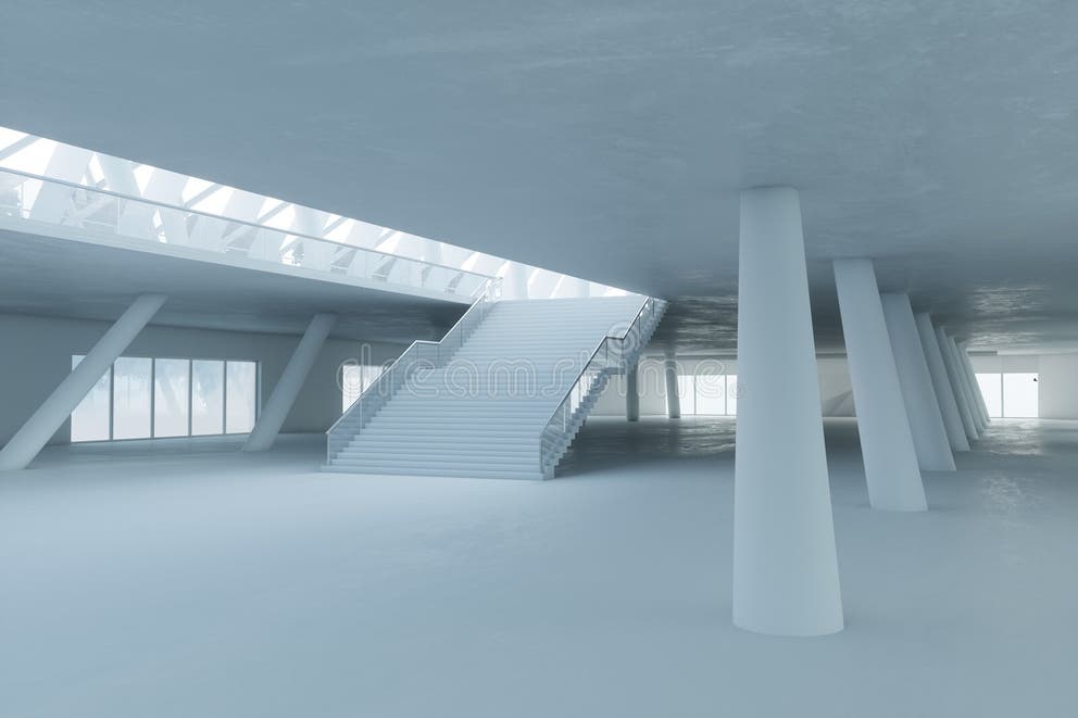 Minimalist Interior with Geometric Pillars and a Wide Staircase Stock ...